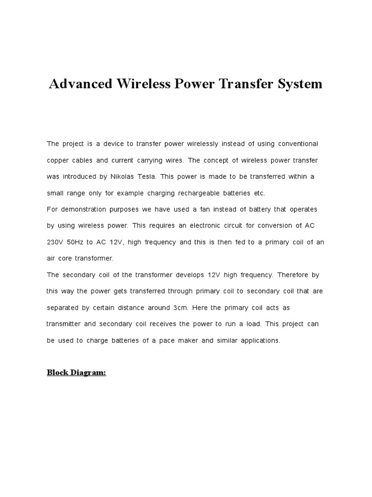 Advanced Wireless Power Transfer System: Block Diagram | PDF