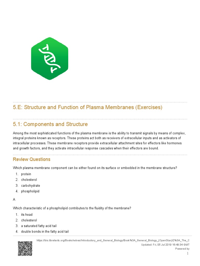 5.E - Structure and Function of Plasma Membranes (Exercises) PDF | PDF ...