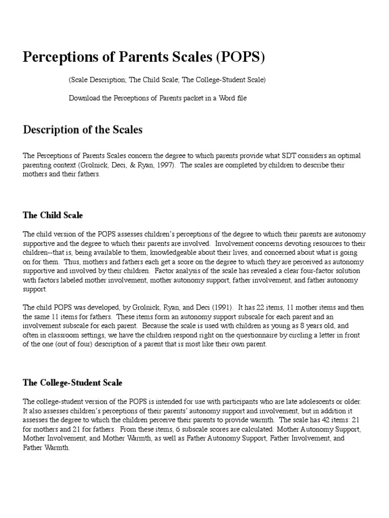 Perceptions of Parents Scales (POPS) | Download Free PDF | Psychology ...