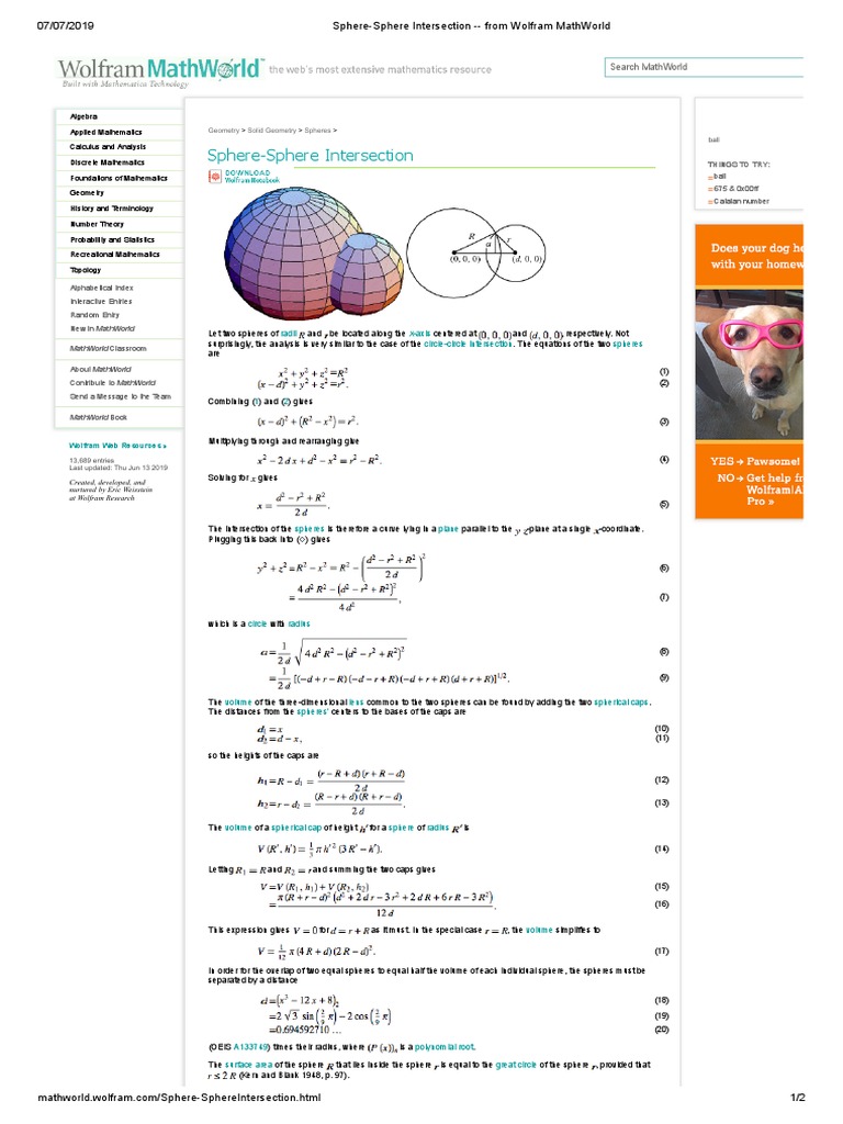 Sphere-Sphere Intersection - From Wolfram MathWorld | PDF | Sphere ...