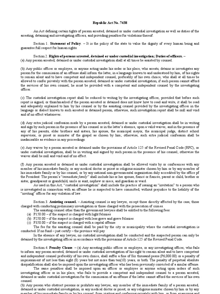 Republic Act No. 7438 - Rights of Arrested Person | PDF | Arrest ...
