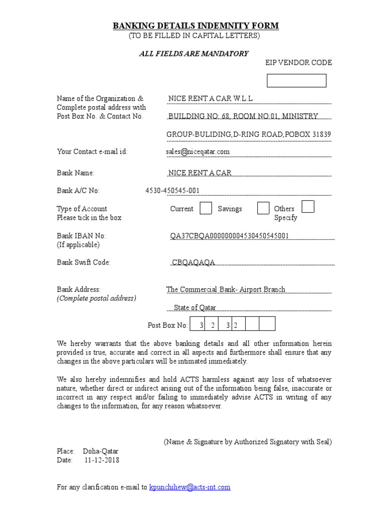 Bank Details Indemnity Form | PDF