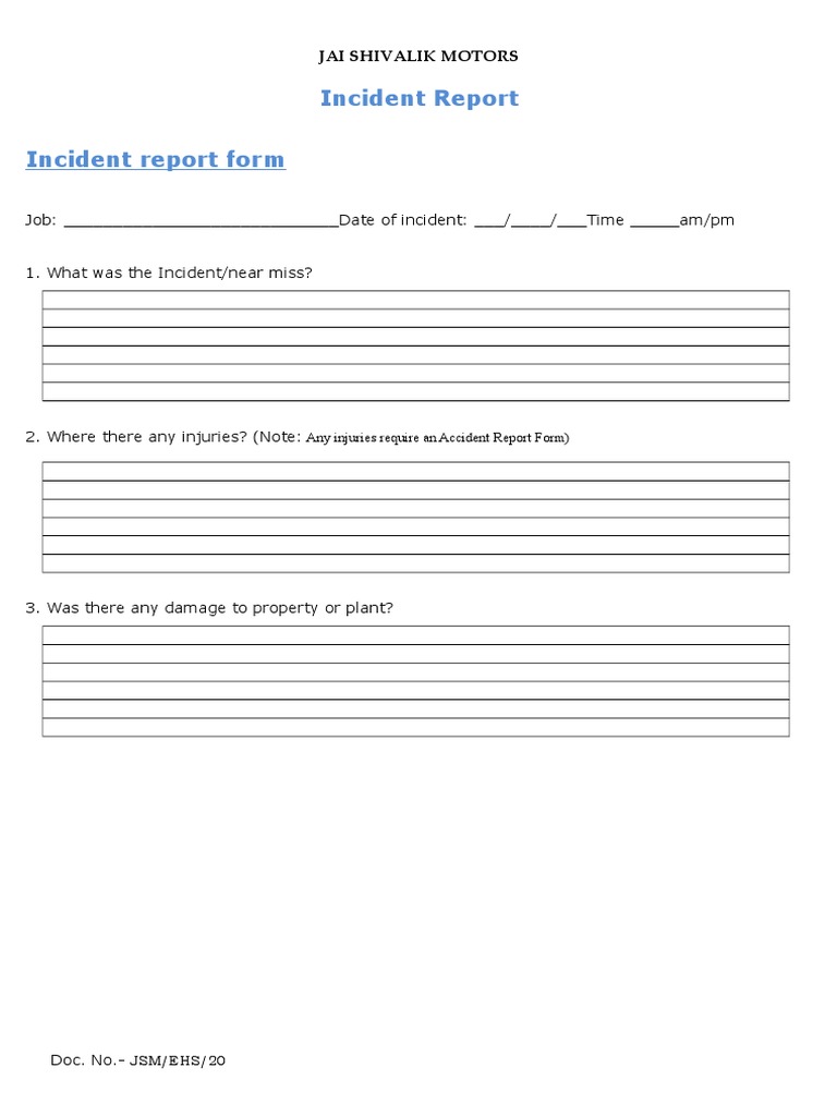 Incident Report Incident Report Form: Jai Shivalik Motors | PDF