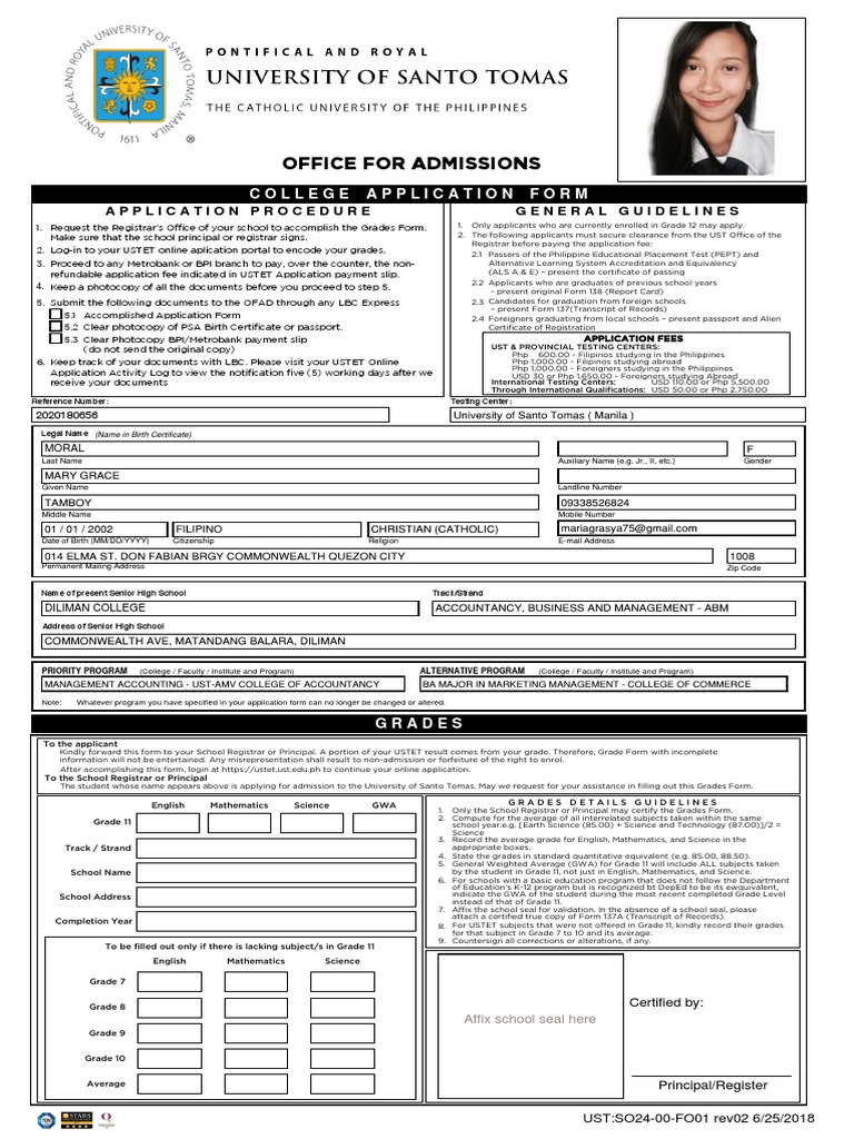 Office For Admissions: College Application Form | PDF | University And ...