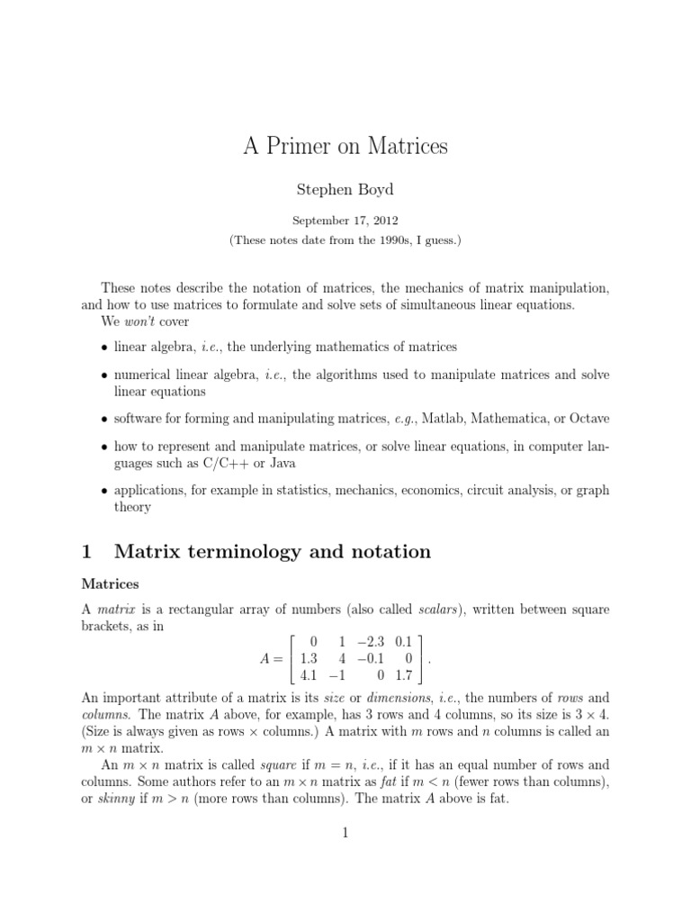 Notes Matrix Primer | PDF | Matrix (Mathematics) | System Of Linear ...