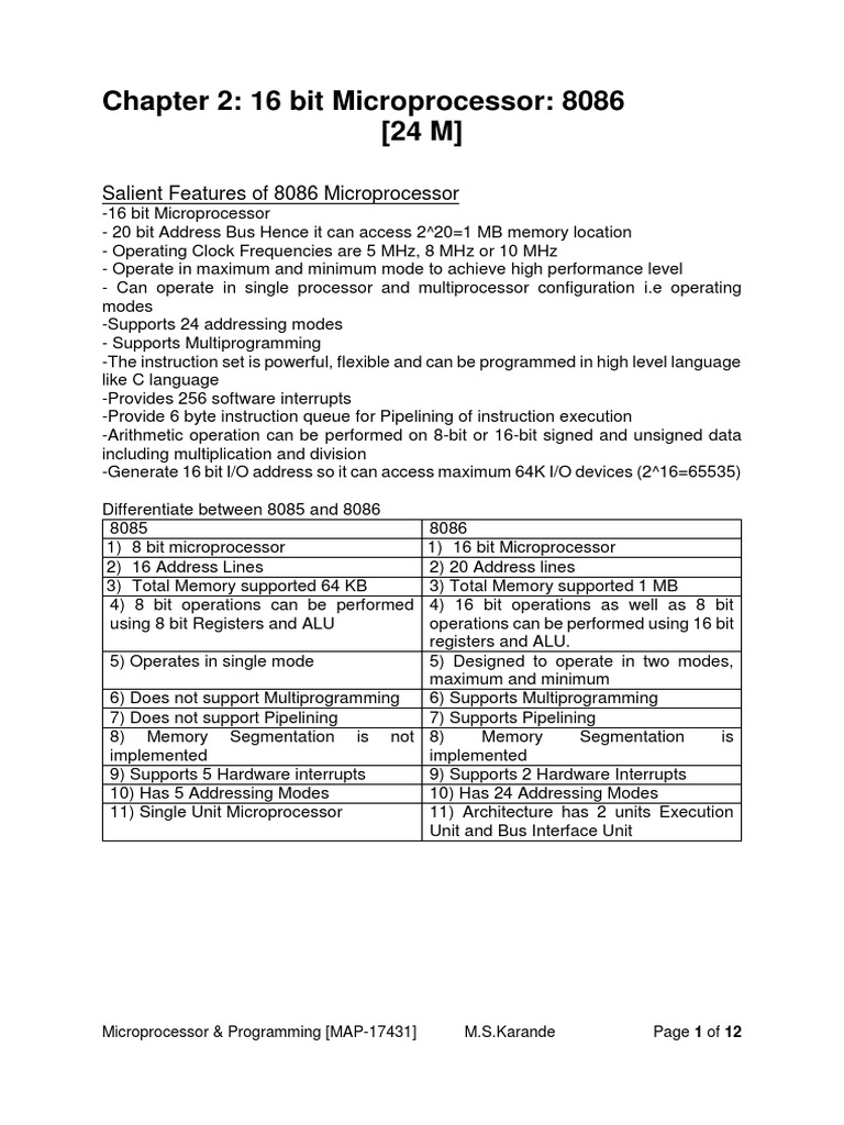 Chapter 2: 16 Bit Microprocessor: 8086 (24 M) : Salient Features of 8086 Microprocessor | PDF ...