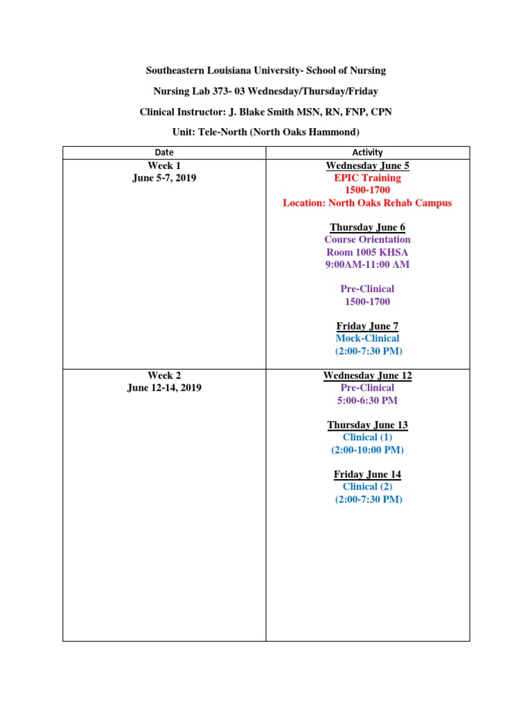 Southeastern Louisiana University Nursing Lab 373 Schedule: Tele-North ...