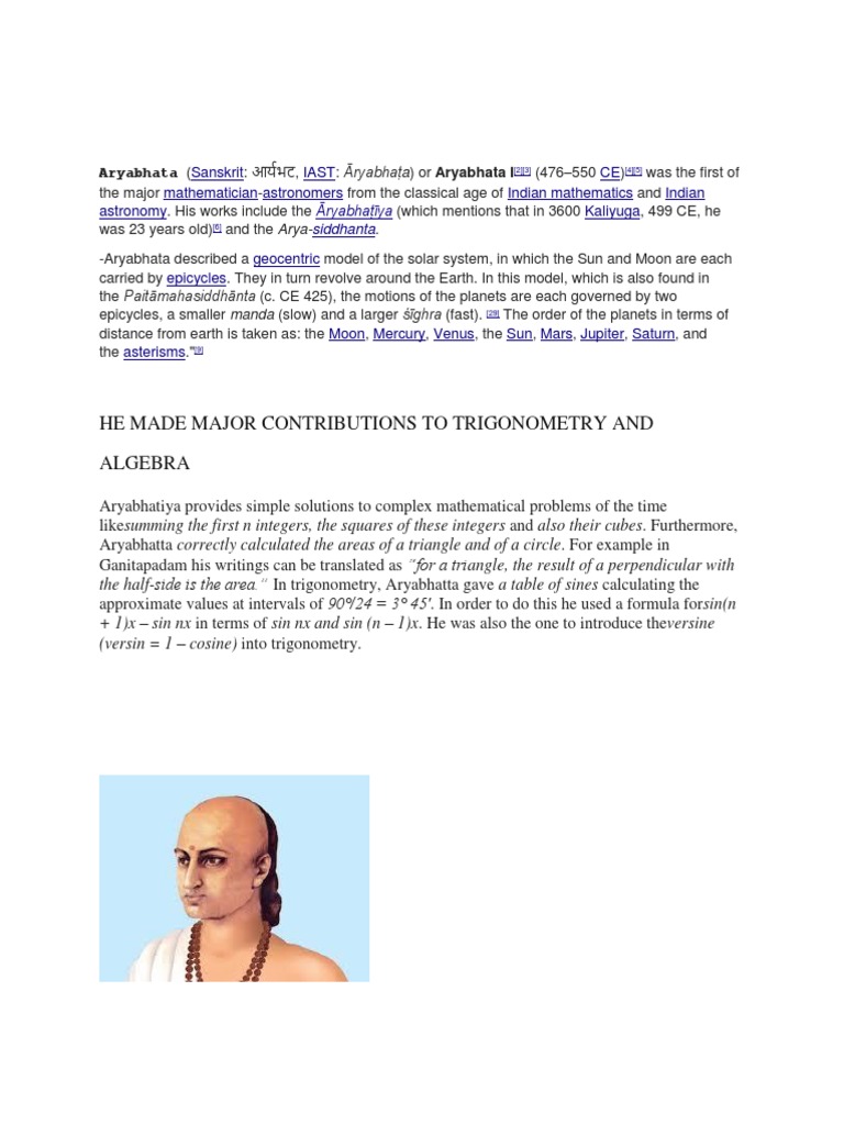 He Made Major Contributions To Trigonometry and Algebra: Āryabha A) or ...