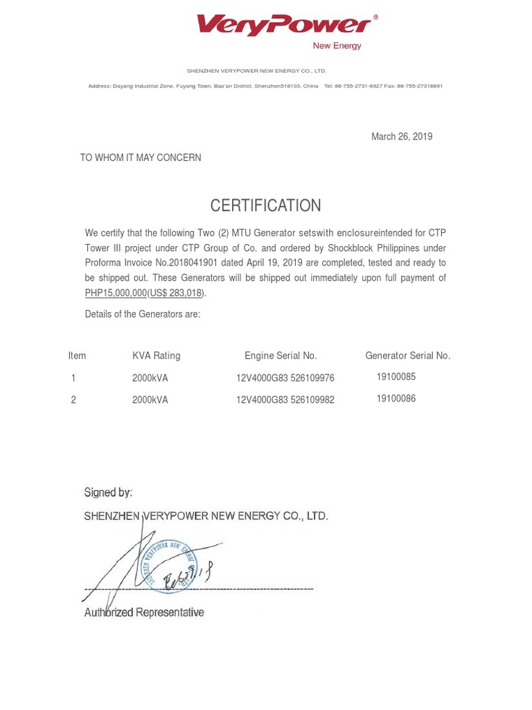 Certification: Item KVA Rating Engine Serial No. Generator Serial No | PDF