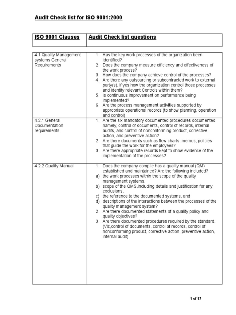 Audit Check List For ISO 9001 | PDF | Iso 9000 | Verification And ...