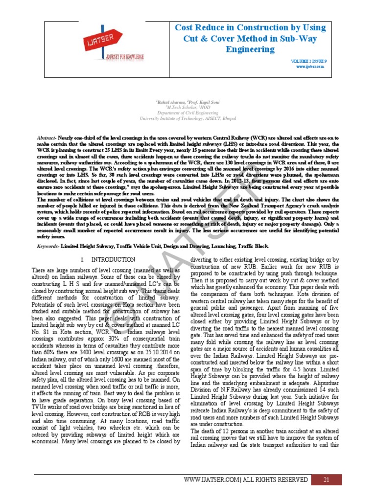 Cost Reduce in Construction by Using Cut & Cover Method in Sub-Way ...