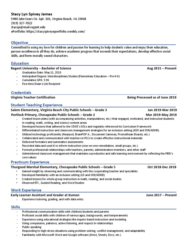 Spivey Stacy Resume 2 Final | PDF | Inclusion (Education) | Differentiated Instruction