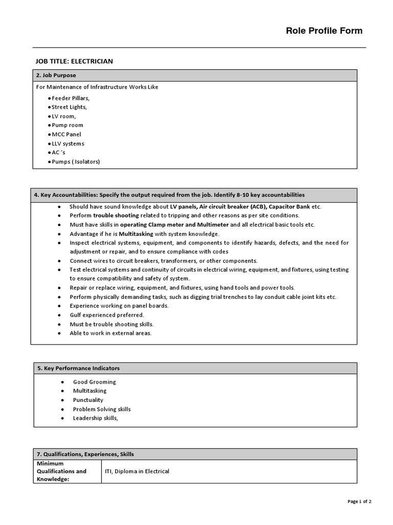 Job Title: Electrician: Role Profile Form | PDF | Electrician ...