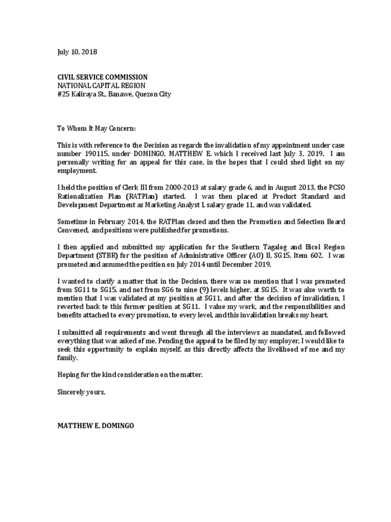 Domingo Appeal CSC SG15 | PDF | Government Information | Social ...
