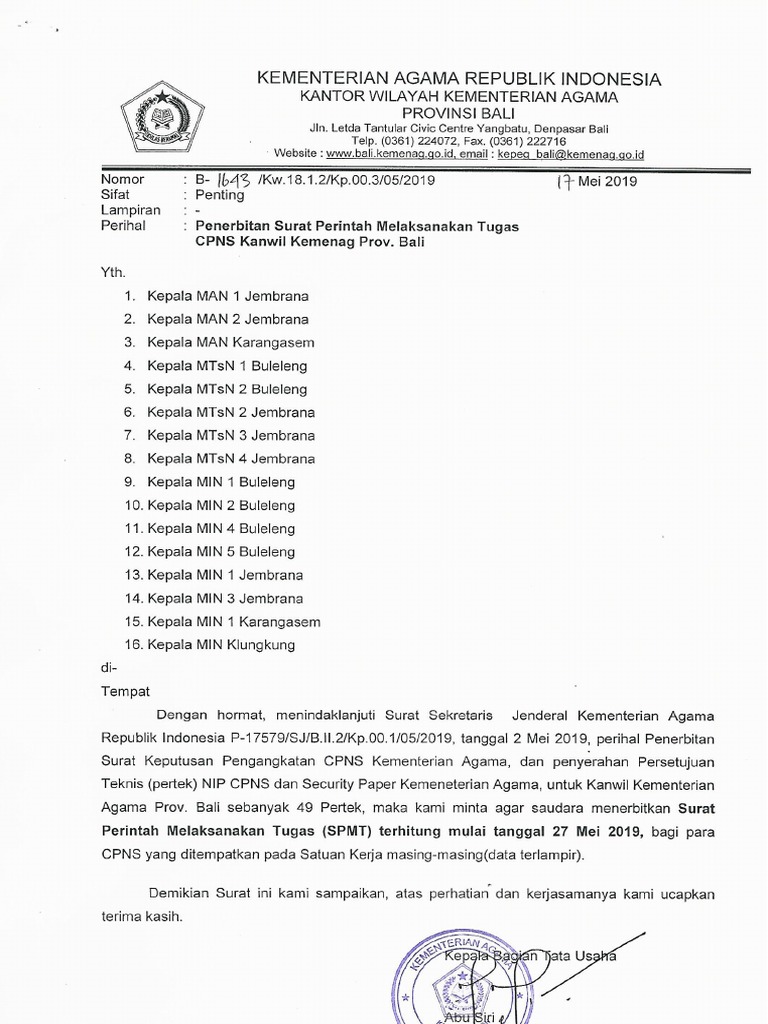 Surat Penerbitan SPMT Bagi CPNS TA 2018 - 2 PDF | PDF