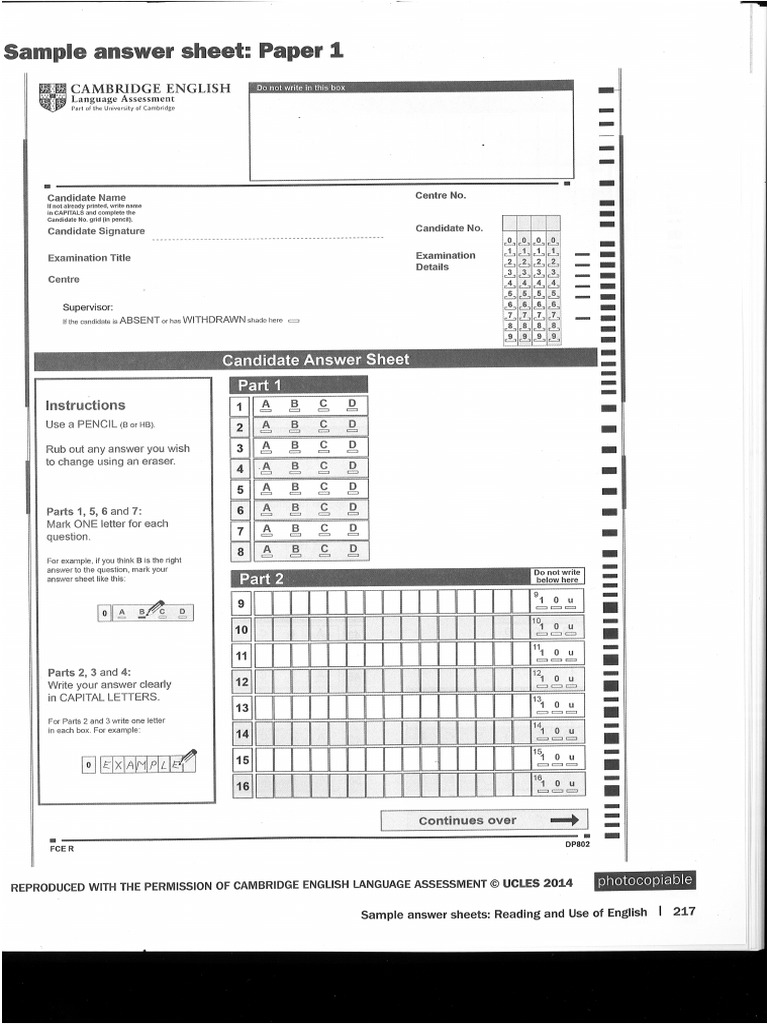 2015 - B2 Candidate Answer Sheet | PDF