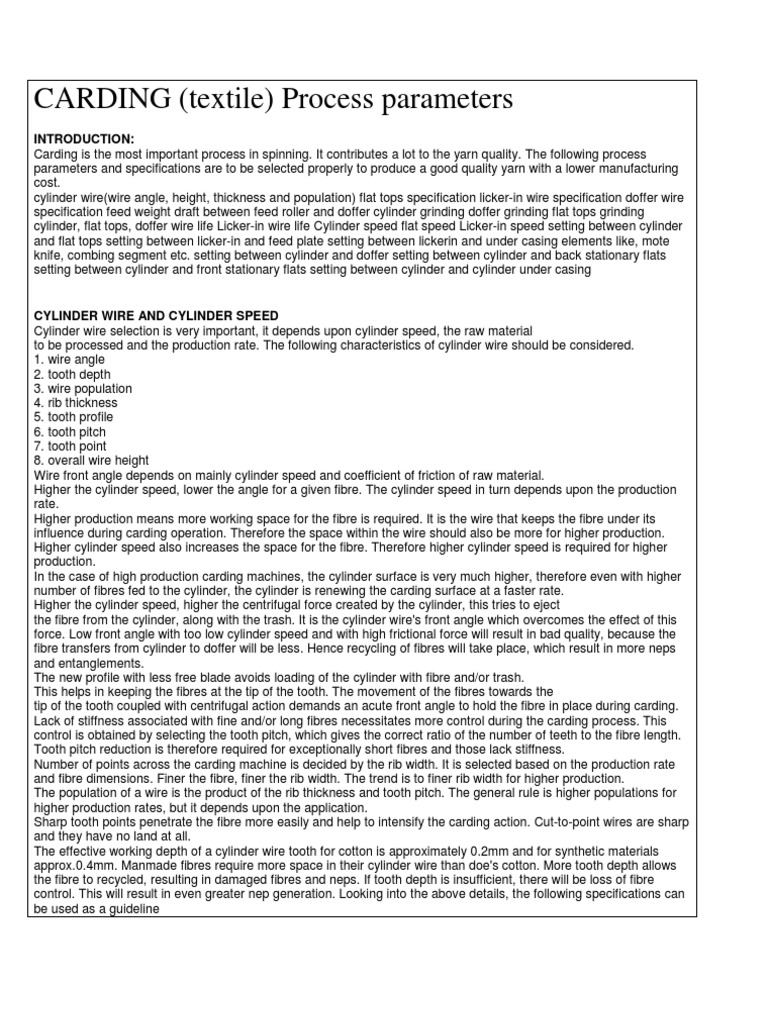 CARDING (Textile) Process Parameters | PDF | Mill (Grinding) | Wire