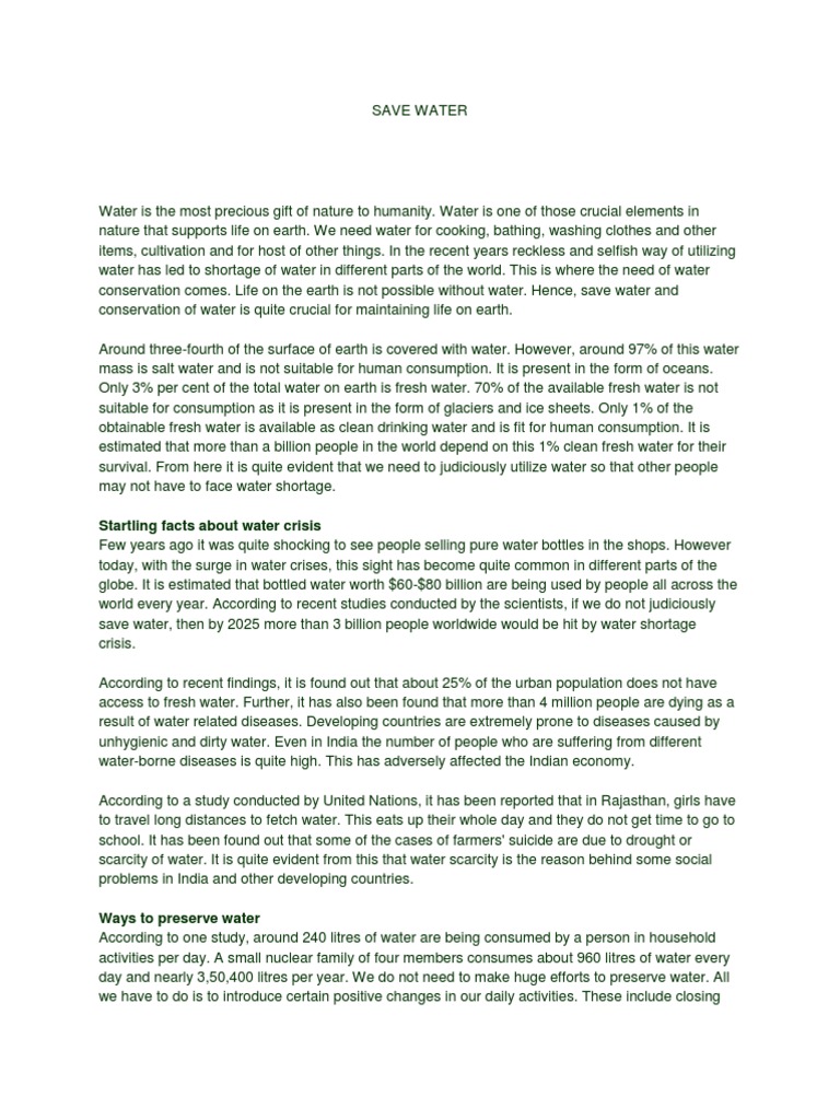 Save Water Essay | PDF | Water Scarcity | Water