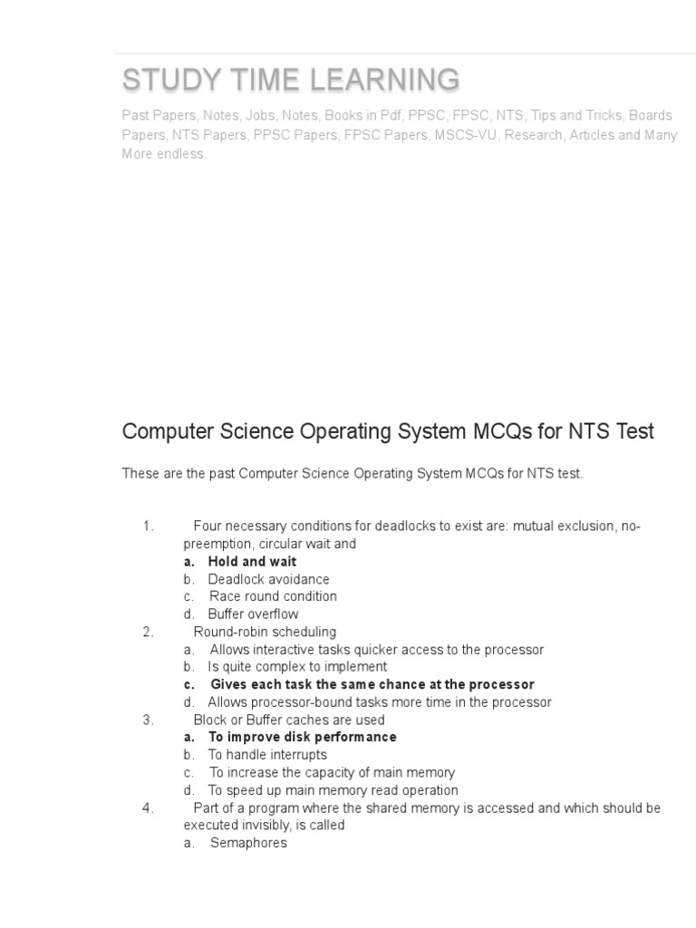 STUDY TIME LEARNING - Computer Science Operating System MCQs For NTS ...