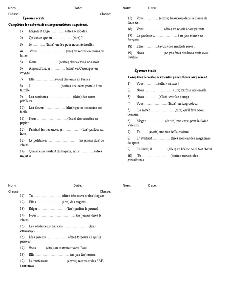 Exercices sur les verbes lire, dire, écrire | PDF