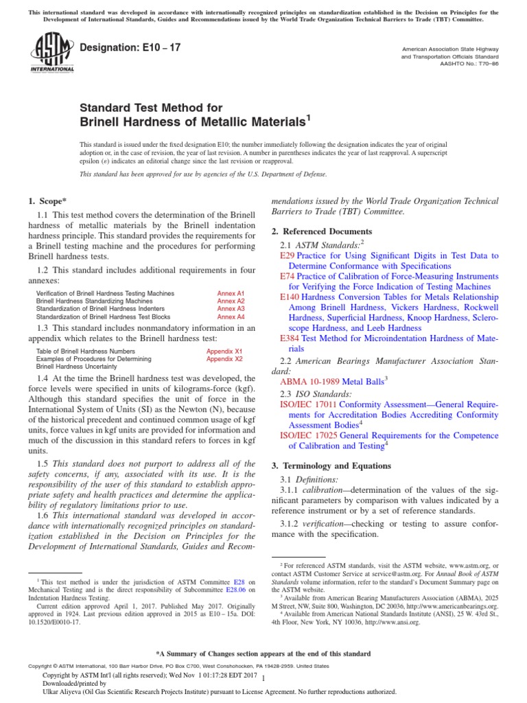 Astm E10 | PDF | Hardness | Chemical Product Engineering
