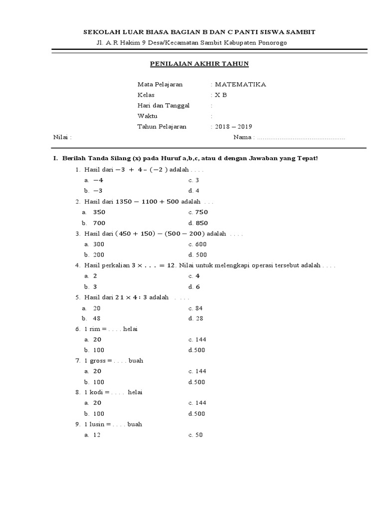 Soal PAT Matematika SMALB Tunarungu Kelas X | PDF