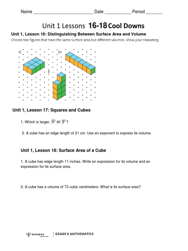 Unit 1 Lesson 16-18 Cool Downs | PDF | Volume | Area