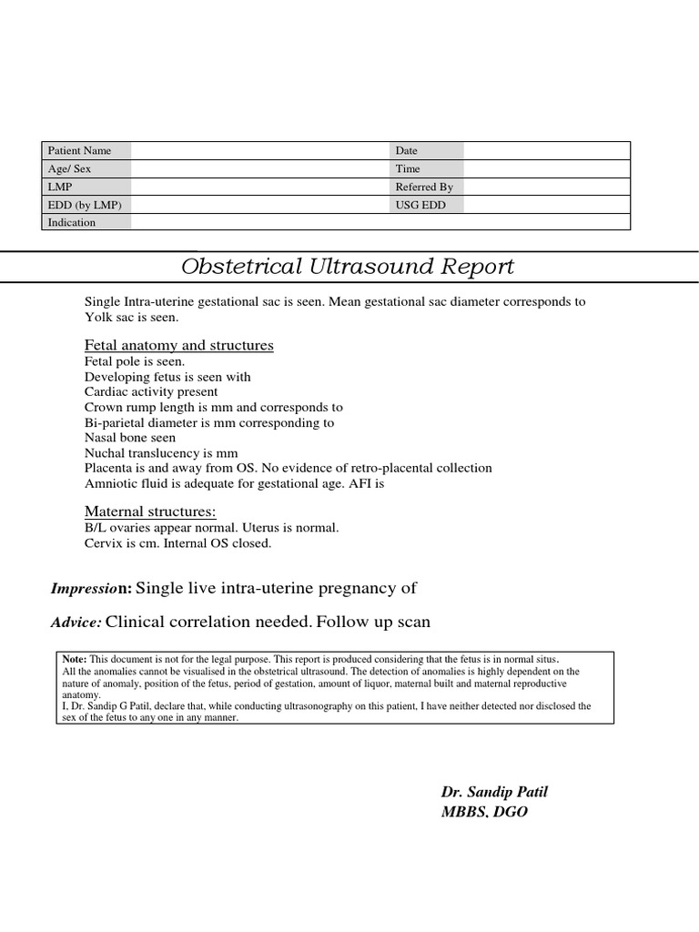 Obstetrical Ultrasound Report: Fetal Anatomy and Structures | PDF
