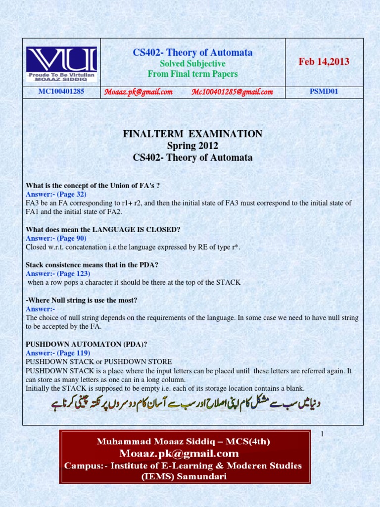 CS402 FinalTerm Solved Subjective by Moaaz | PDF | Automata Theory | Formal Methods