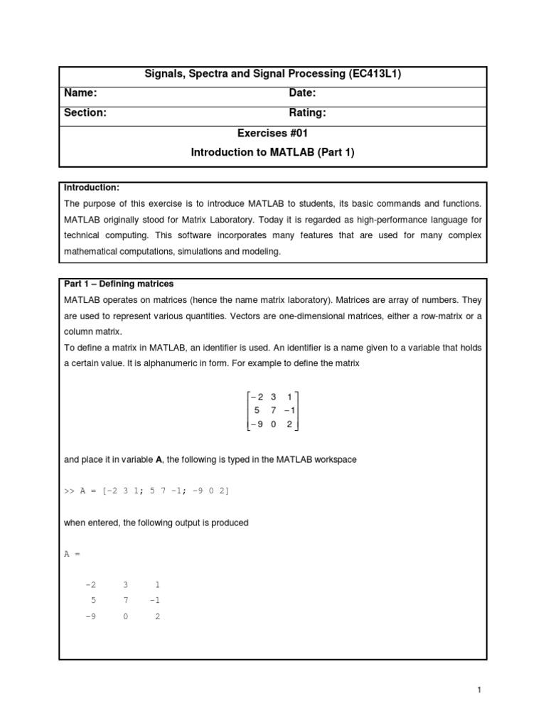 Laboratory Activity 1 - Introduction To MATLAB (Part1) | PDF | Matrix (Mathematics ...