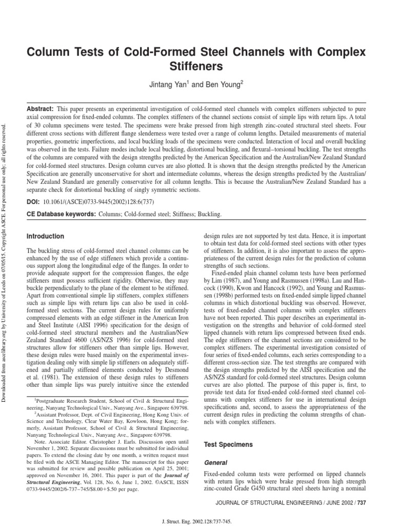 Column Tests of Cold-Formed Steel Channels With Complex Stiffeners ...