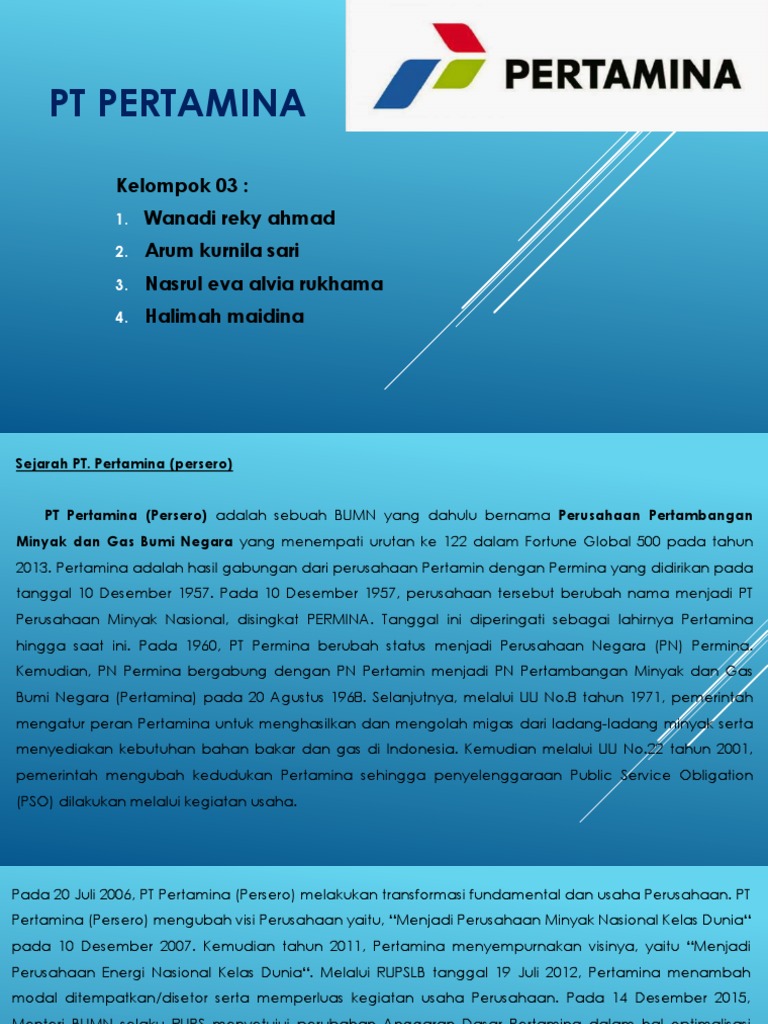 Sejarah dan Profil PT Pertamina | PDF | Pengelolaan Keuangan & Uang ...