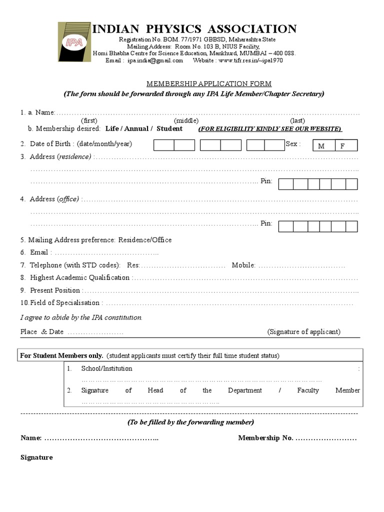 Indian Physics Association: (The Form Should Be Forwarded Through Any ...