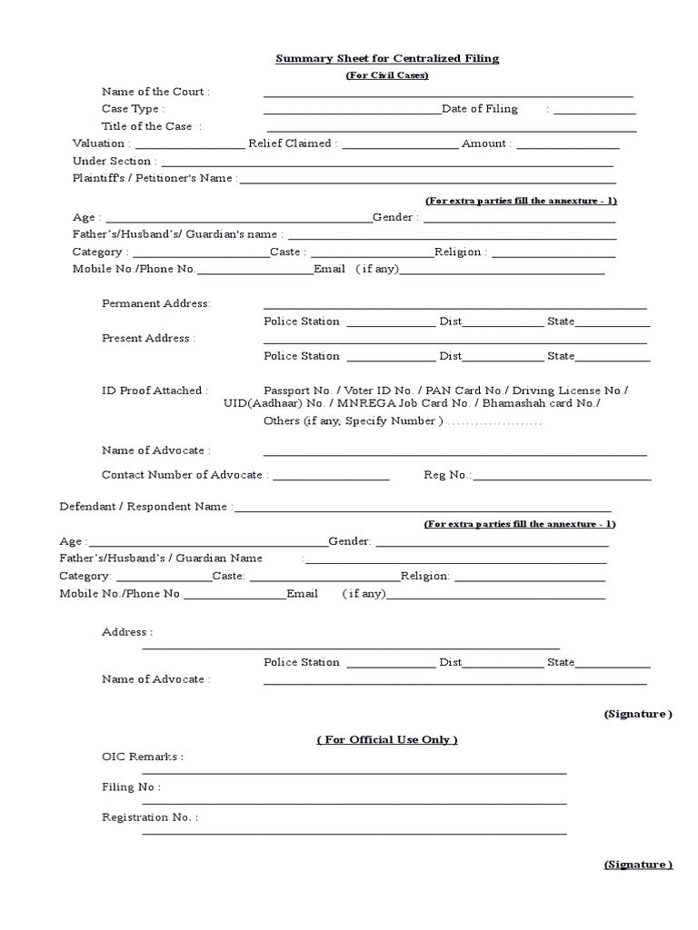 Summary Sheet For Centralized Filing | PDF | Lawsuit | Common Law