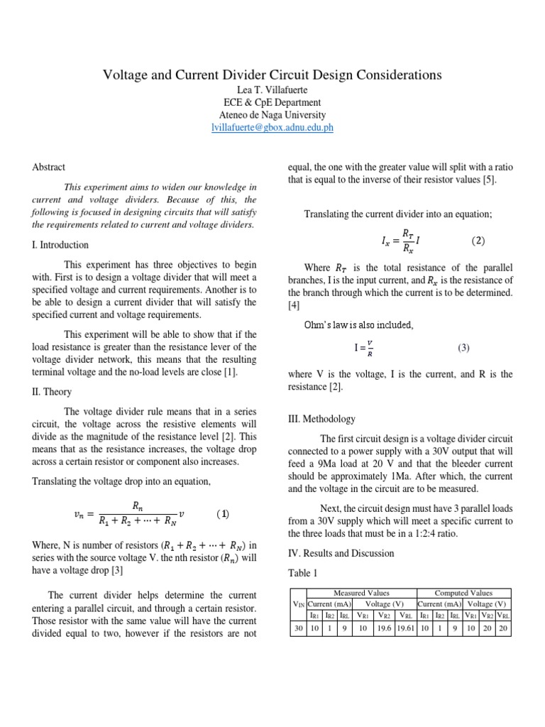 EXPERIMENT 6 - Voltage and Current Divider Circuit Design ...