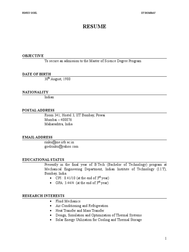 IIT Bombay Engineering Student Resume | PDF | Heat Exchanger ...