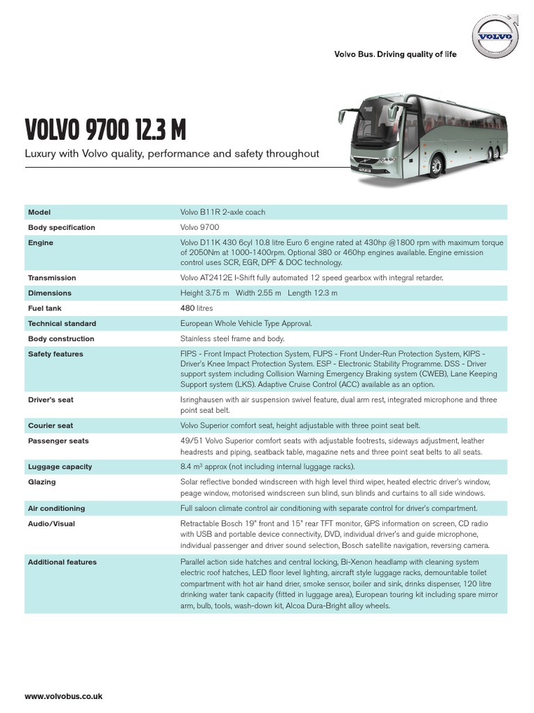 Volvo 9700 Specifications | PDF | Seat Belt | Transmission (Mechanics)