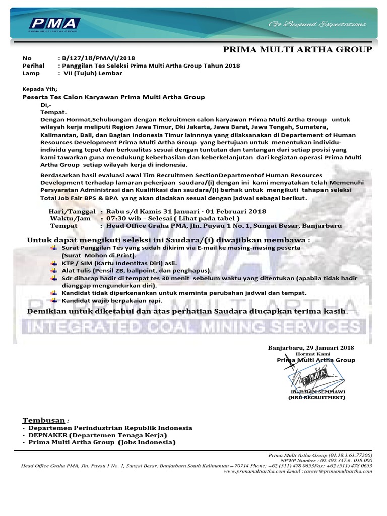 Panggilan Tes Seleksi Karyawan PMA 2018 | PDF