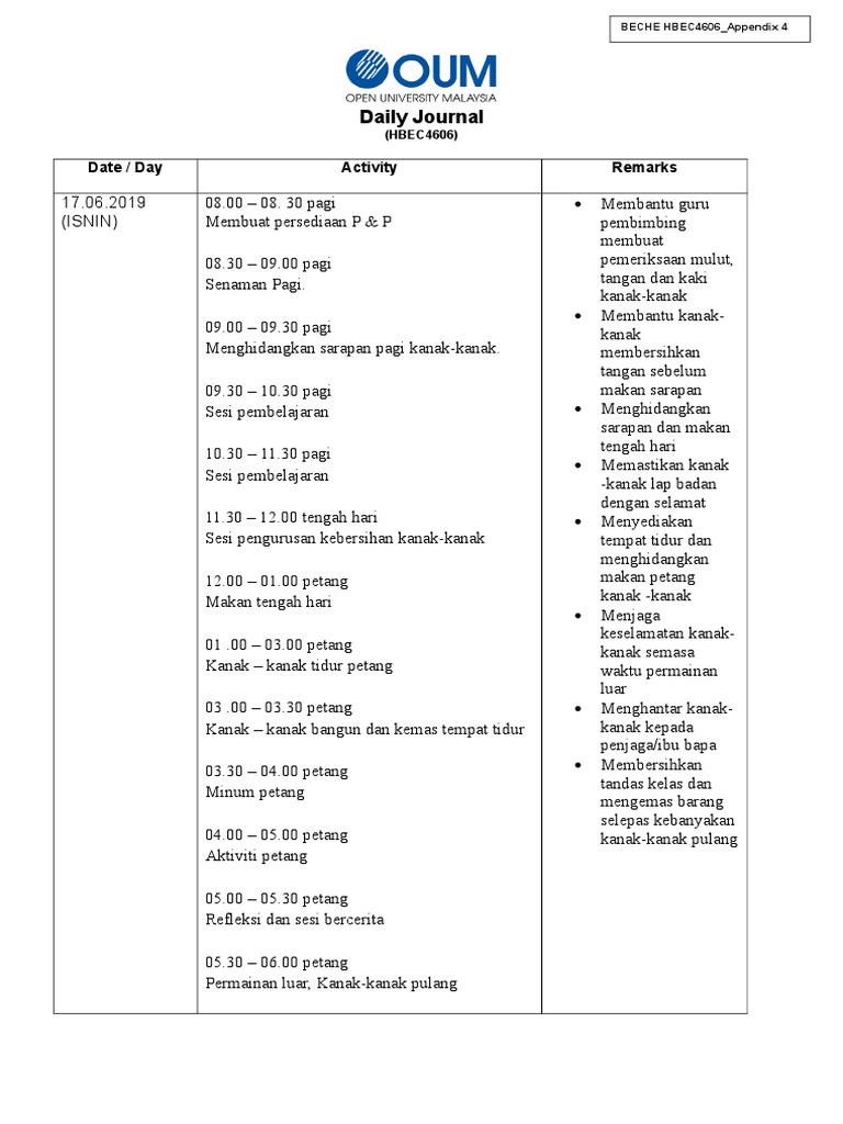 Contoh Jurnal Harian Tadika | PDF