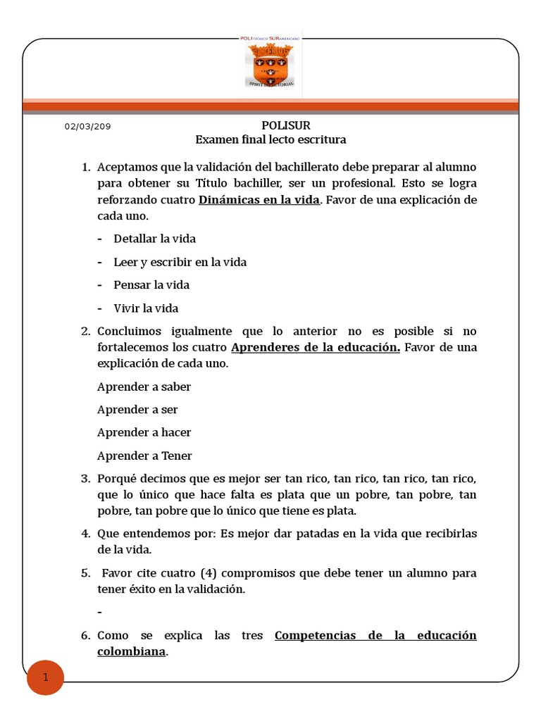 Examen de Lecto Escritura | PDF