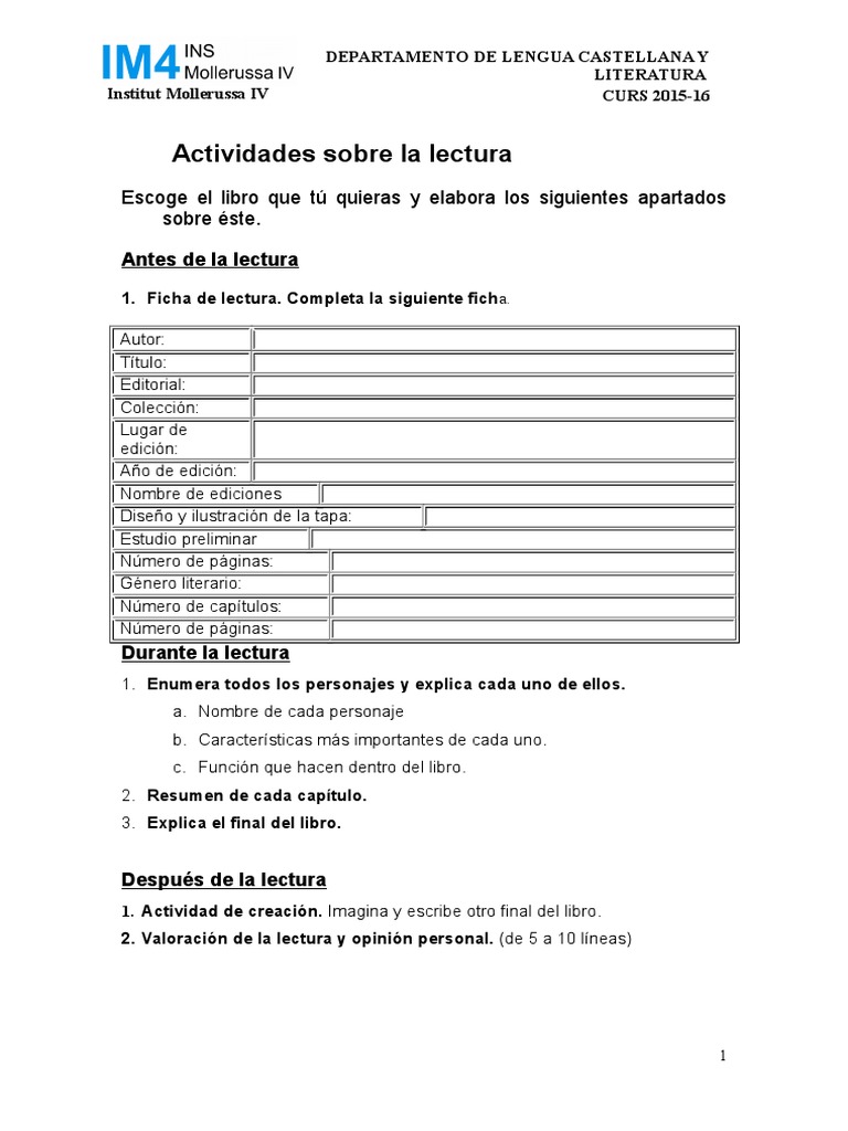 Actividades Lectura Verano | PDF