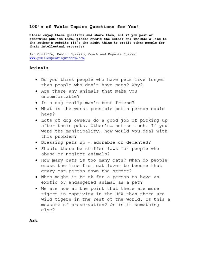 100's of Table Topics Questions For You!: Ian Cunliffe, Public Speaking ...