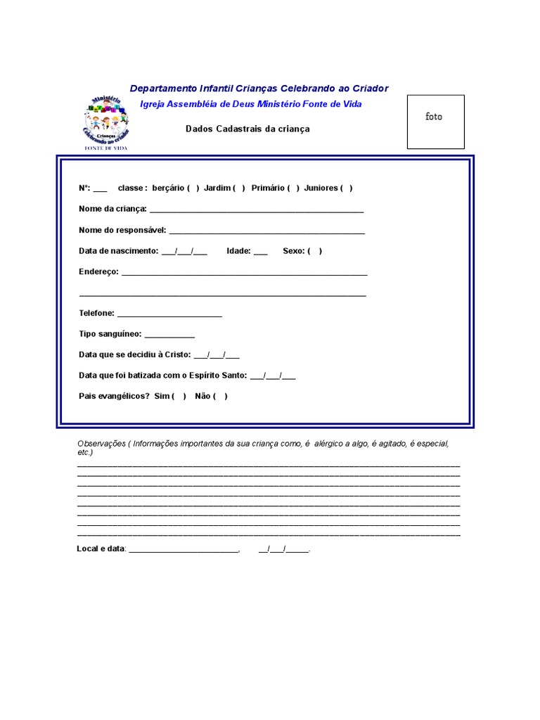 Ficha cadastro ministério infantil