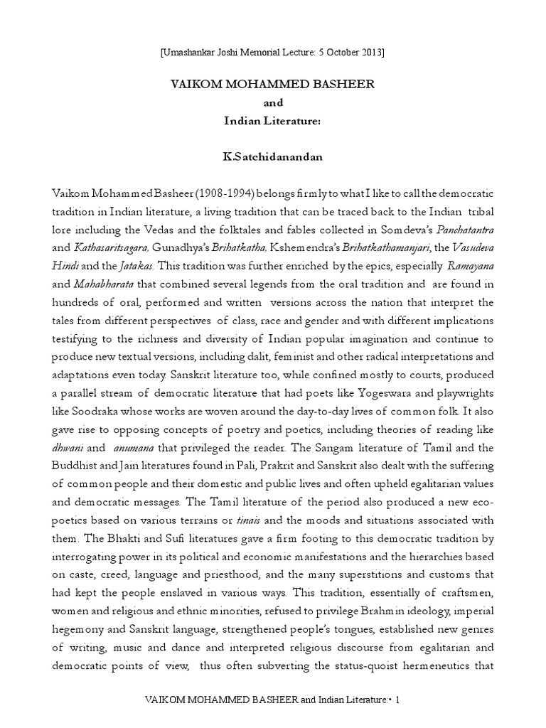 VAIKOM MOHAMMED BASHEER and Indian Literature: K.Satchidanandan | PDF ...
