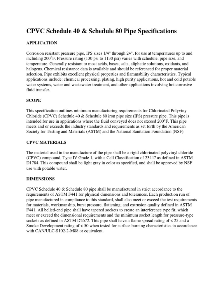 CPVC Schedule 40 & Schedule 80 Pipe Specifications: Application | PDF ...