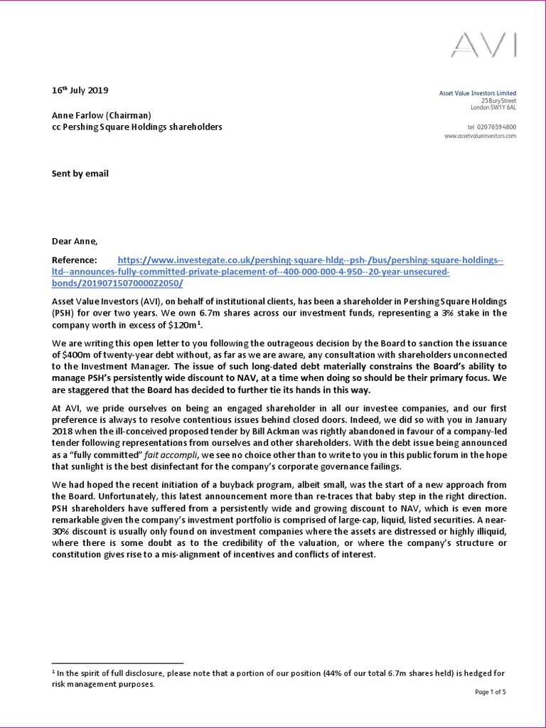 AVI Letter To Chair of PSH | PDF | Share Repurchase | Leverage (Finance)