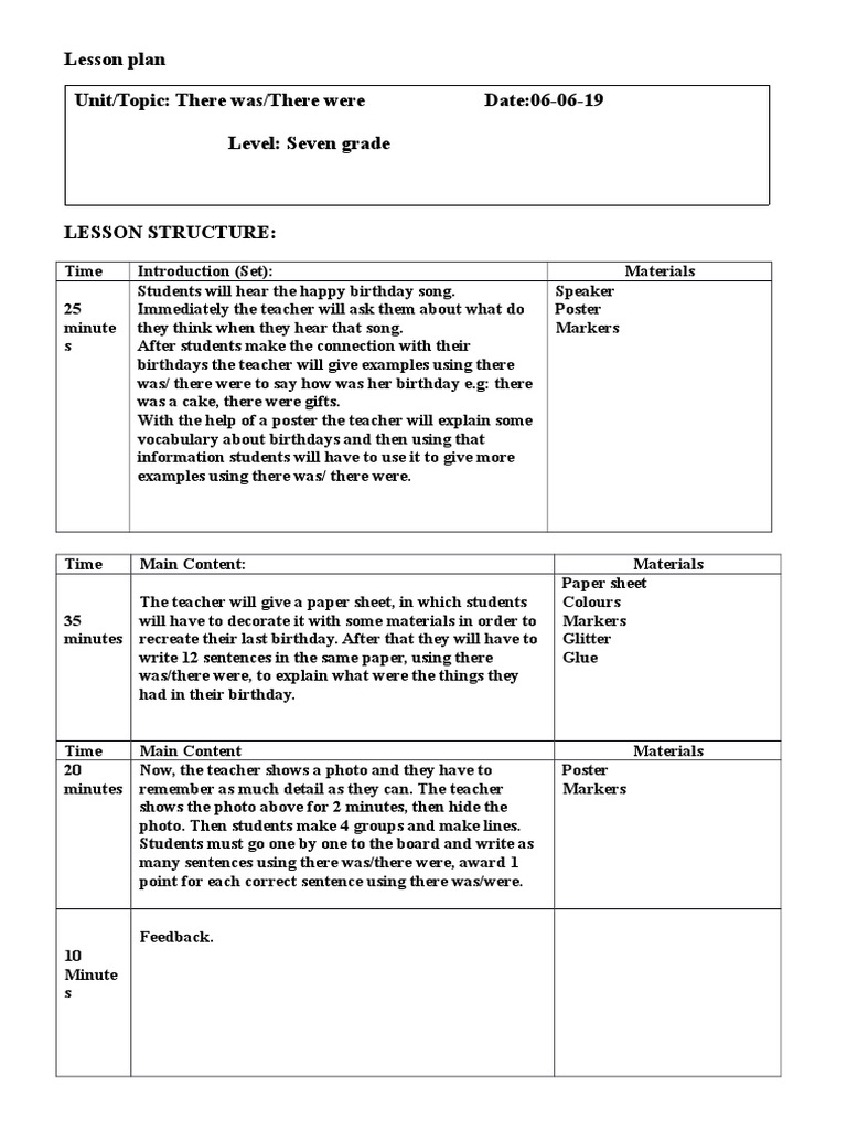 Lesson Plan Unit/Topic: There Was/there Were Date:06-06-19 Level: Seven ...