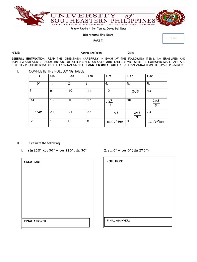 Trigo Final Exam Part 1 | PDF