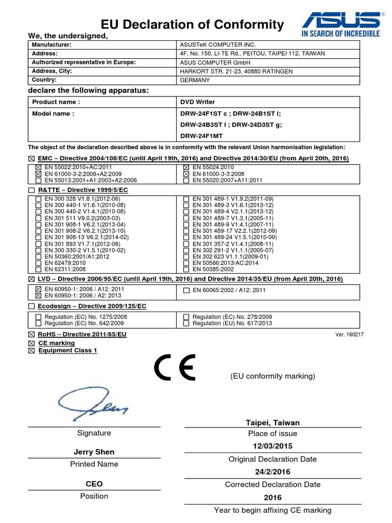 Comprehensive EU Declaration of Conformity for ASUS DVD Writer Models ...
