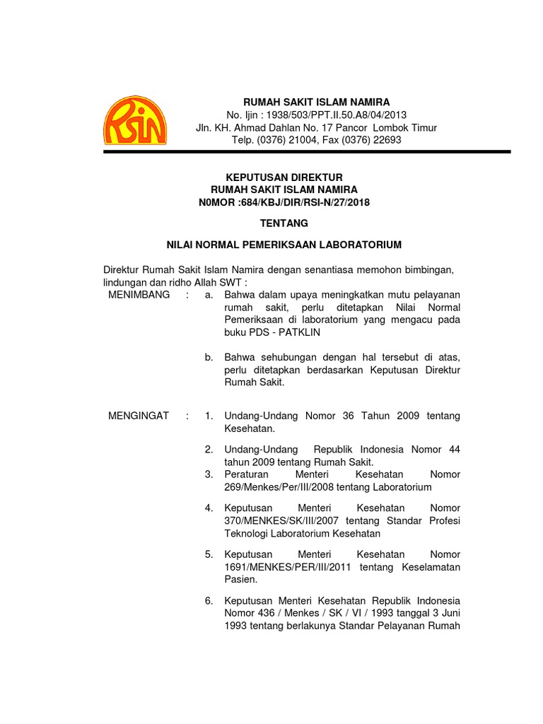 SK Nilai Normal Pemeriksaan Laboratorium Rsi Namira | PDF